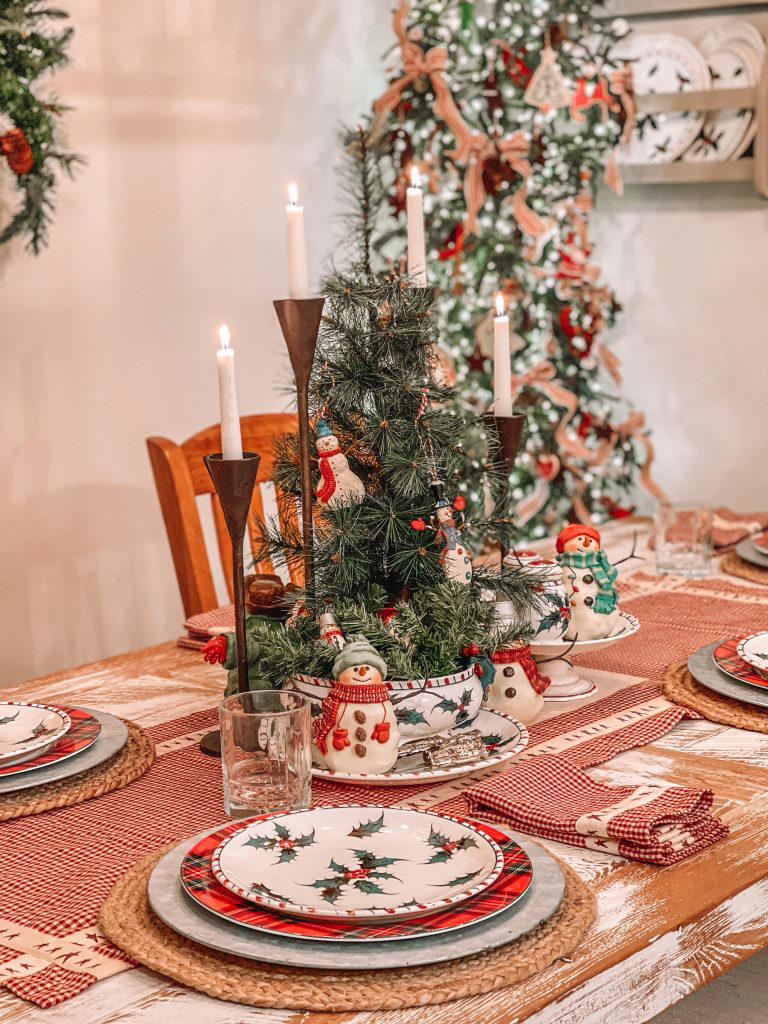 How to Set a Cozy Christmas Tablescape with Plaid & Holly Dishes