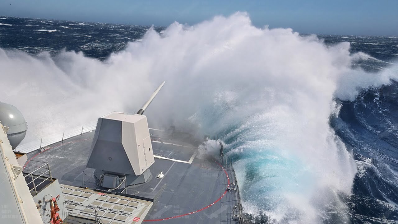 US Navy Destroyer Confronts Monster Waves in Rough Sea Storm