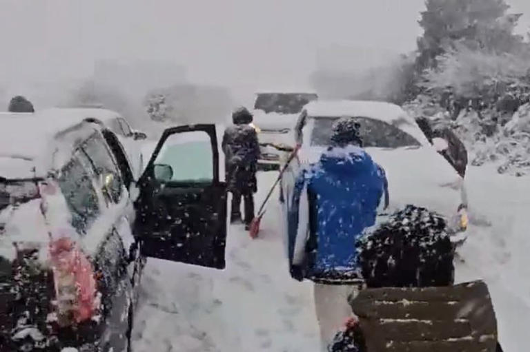 'White wedding' chaos as snowed in guests dig out cars in heels and tuxedos