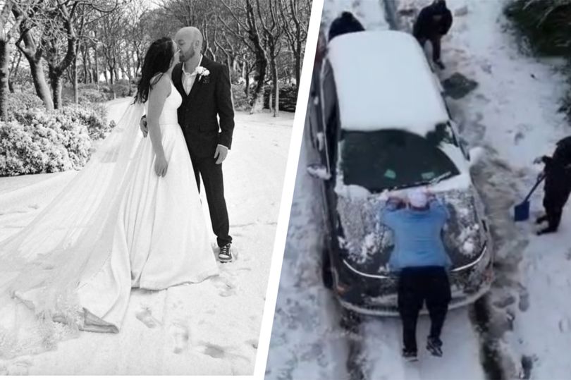 'White wedding' chaos as snowed in guests dig out cars in heels and tuxedos