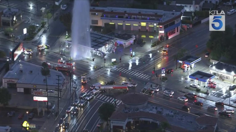 Geyser from sheared hydrant collapses California gas station awning