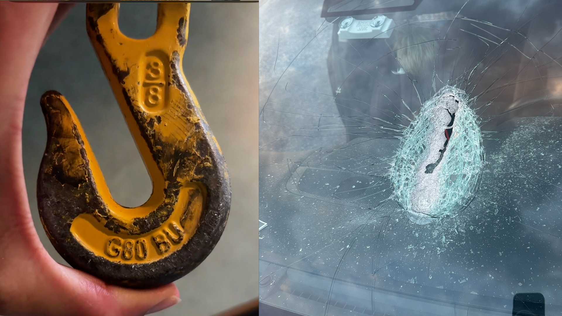 Family escapes injury after metal hook crashes through windshield on I-83