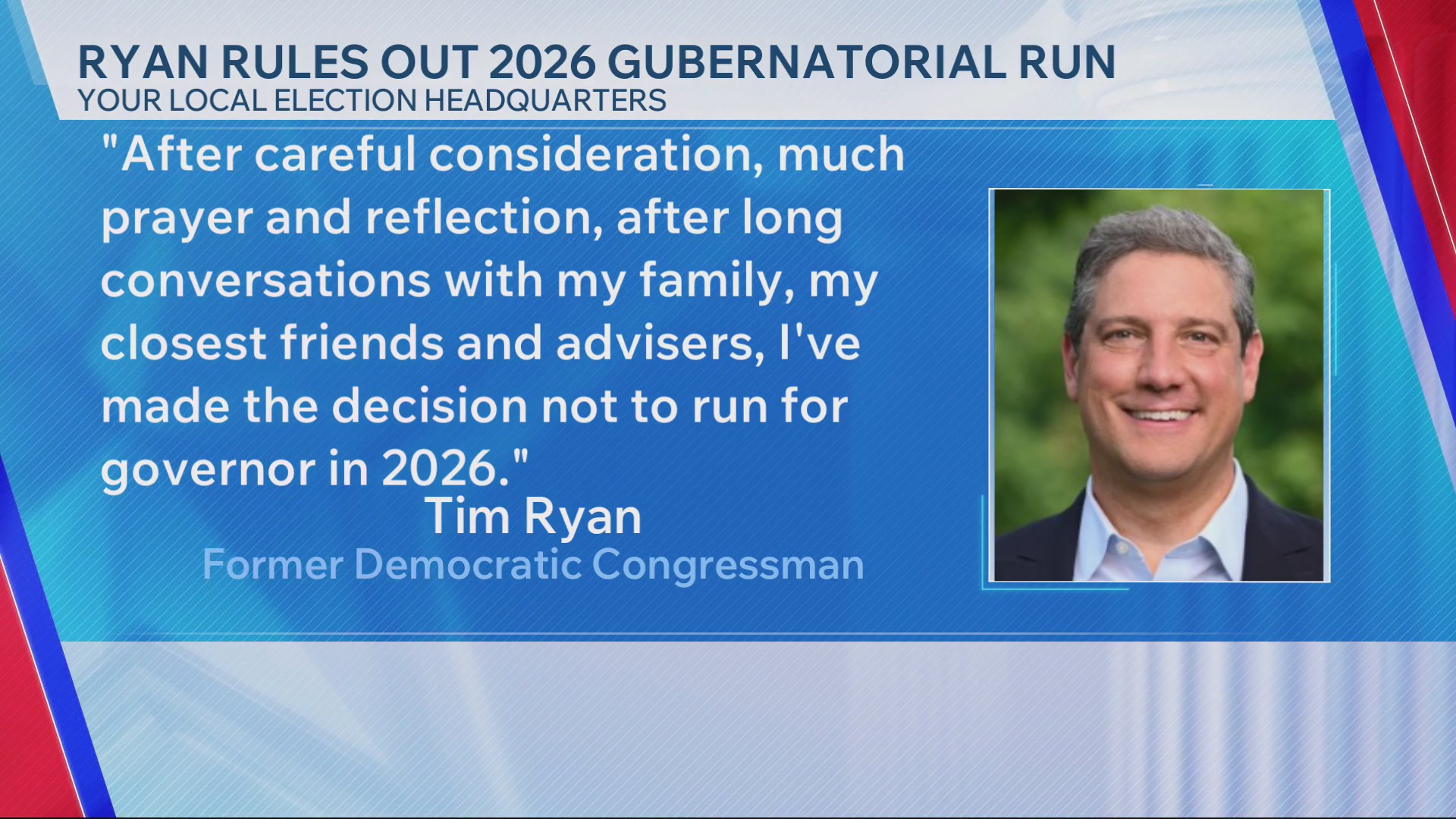 Ex-congressman Tim Ryan rules out 2026 gubernatorial run