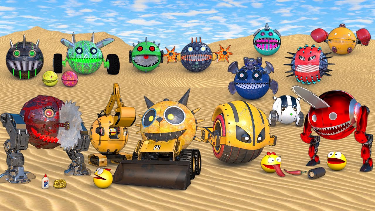PACMAN VS EVIL ROBOT PACMEN (Road Roller, CAT, Excavator, Shredder ...
