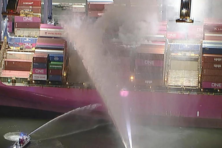 LA firefighters battle blaze that sparked explosion on container ship ...