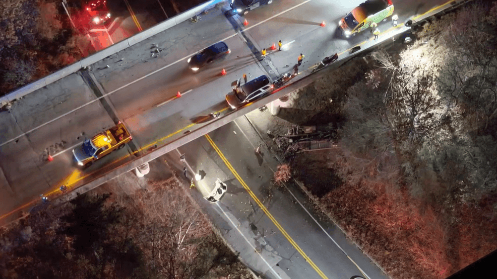One dead after tow truck plummets from overpass on Route 140 south in ...