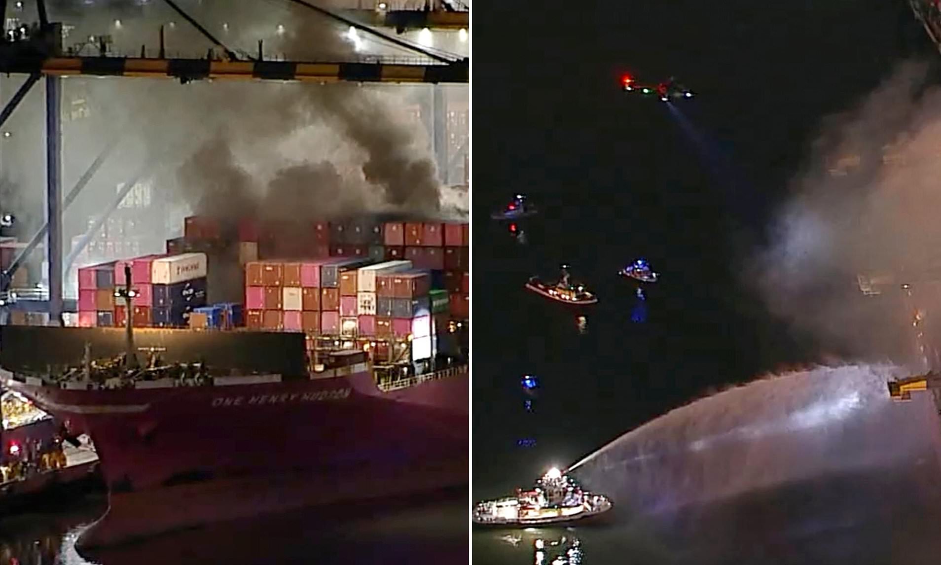 Firefighters battling massive blaze on LA cargo ship rocked by huge explosion