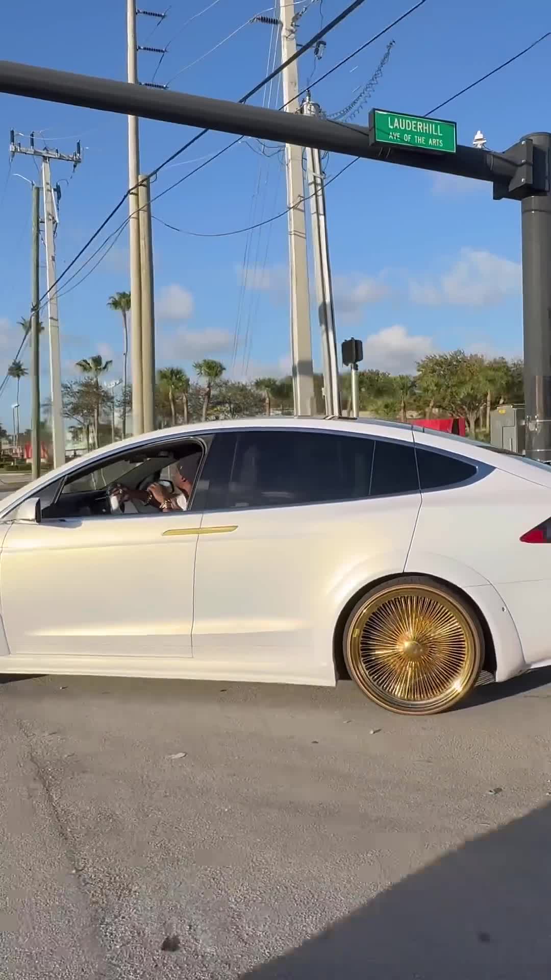 Pearl White Tesla Model X on Gold 24’s Daytons Riding