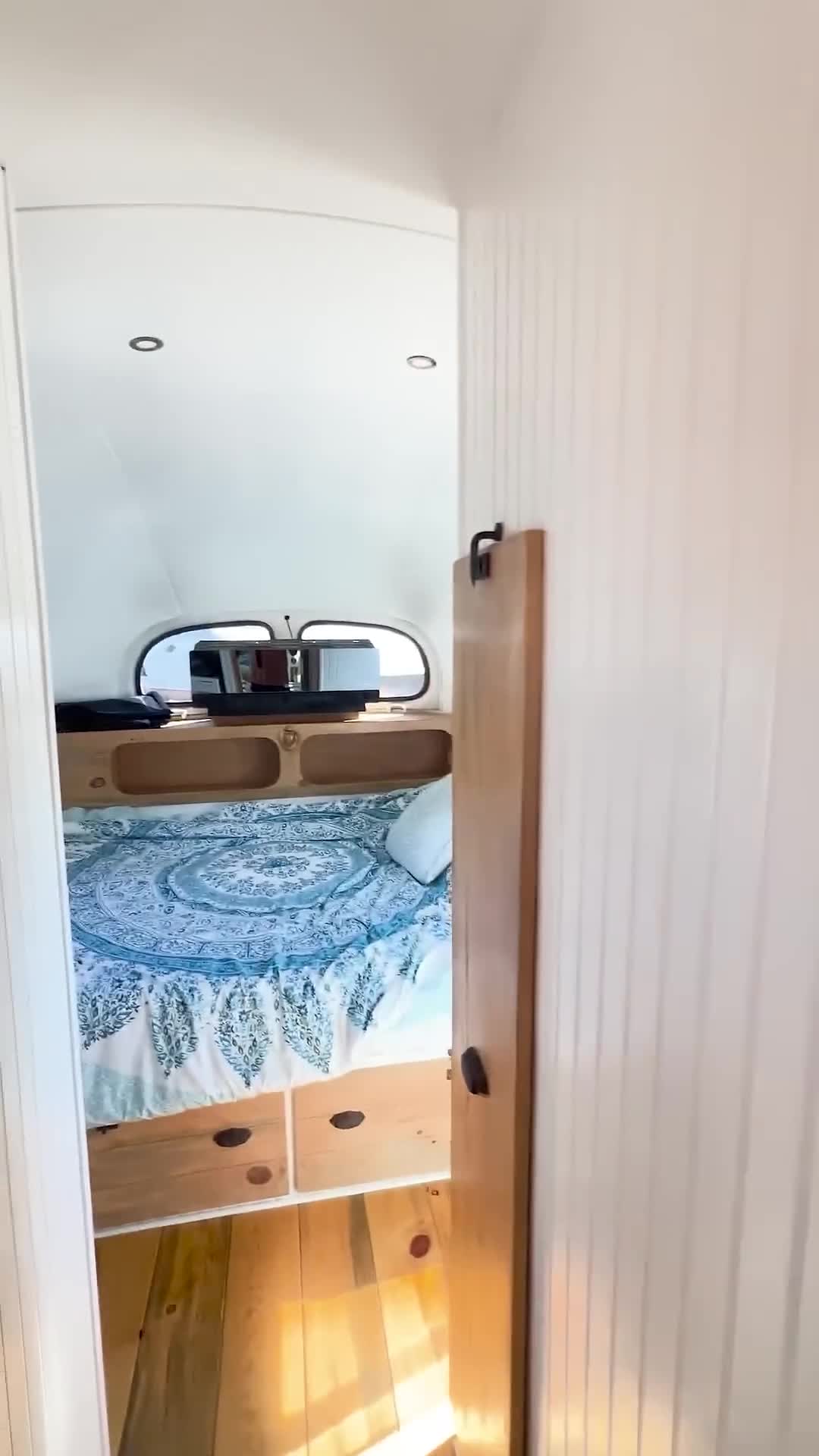 Inside a fully renovated vintage bus