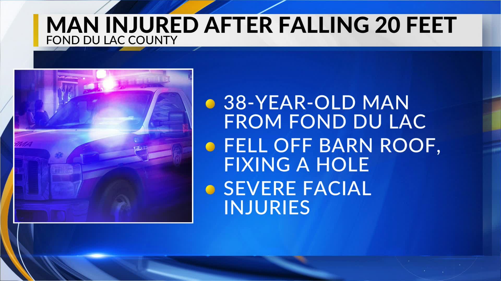 Fond du Lac County man critically injured after 20-foot fall from barn roof