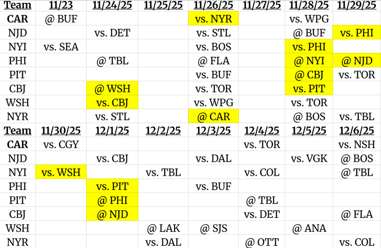2025-26 Metropolitan Division Snapshot #2: Approaching Thanksgiving