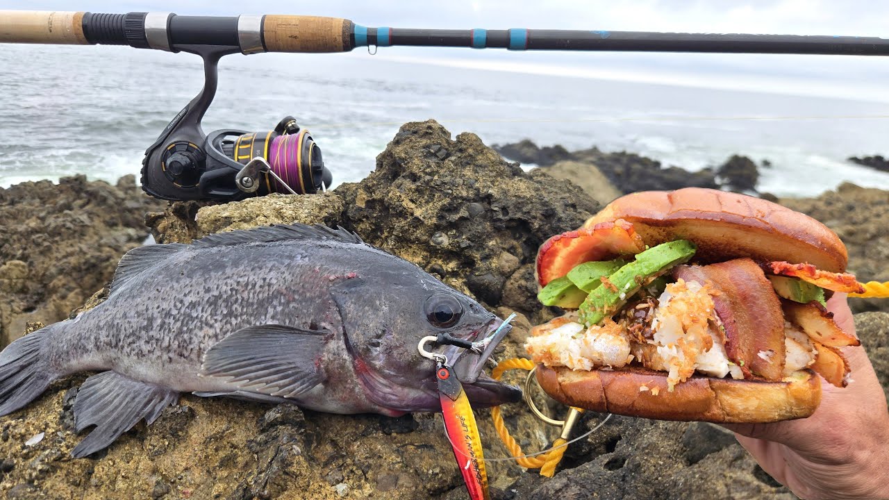 Catch and cook on the rocks! Bacon, avocado, coconut crusted fish fillet w/ honey glaze sauce