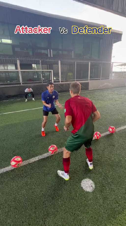 Football Skills Test: Attacker Takes on Defender and Goalkeeper