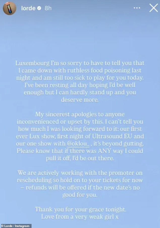 Lorde is forced to pull out of gig just hours before she was due on stage