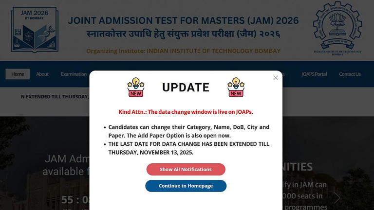 IIT Bombay Extends JAM 2026 Application Correction Window; Exam Set For ...