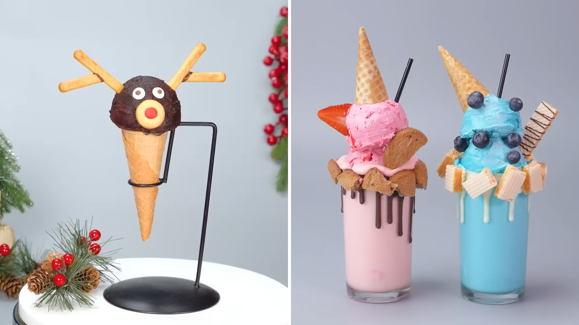 Reindeer Ice Cream Cone and Colorful Milkshake Desserts