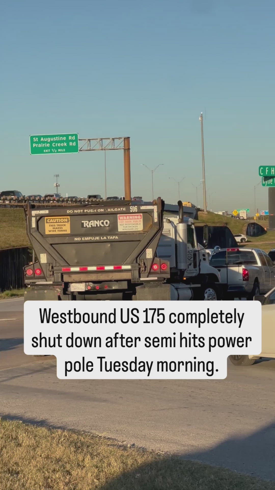 US 175 westbound closed after semi hits utility pole