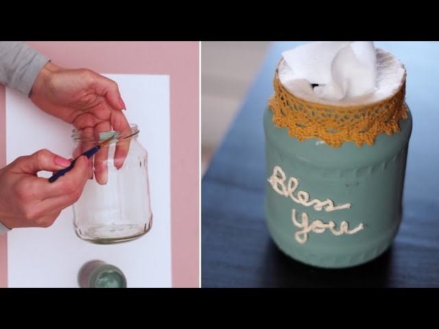 DIY farmhouse style tissue paper holder from a repurposed mason jar