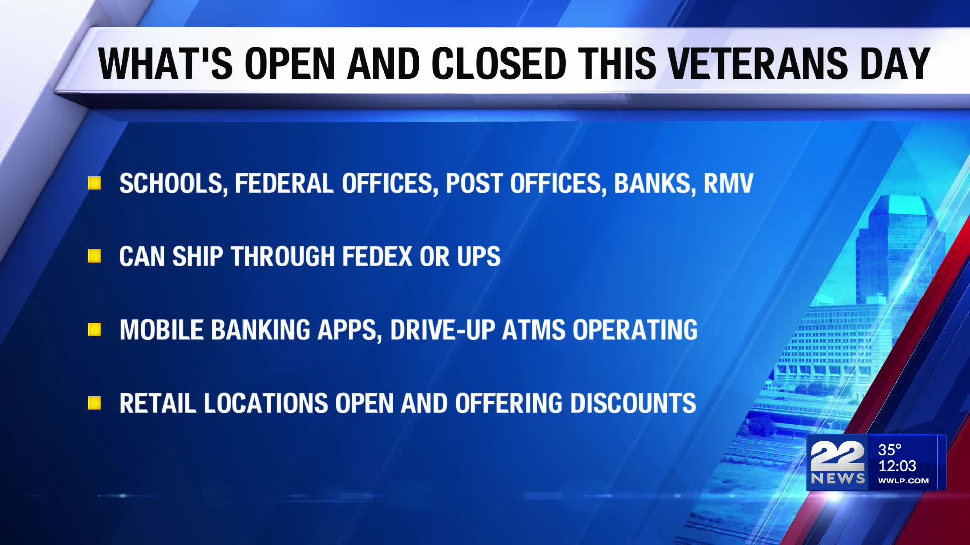 What will be open and closed on Veterans Day