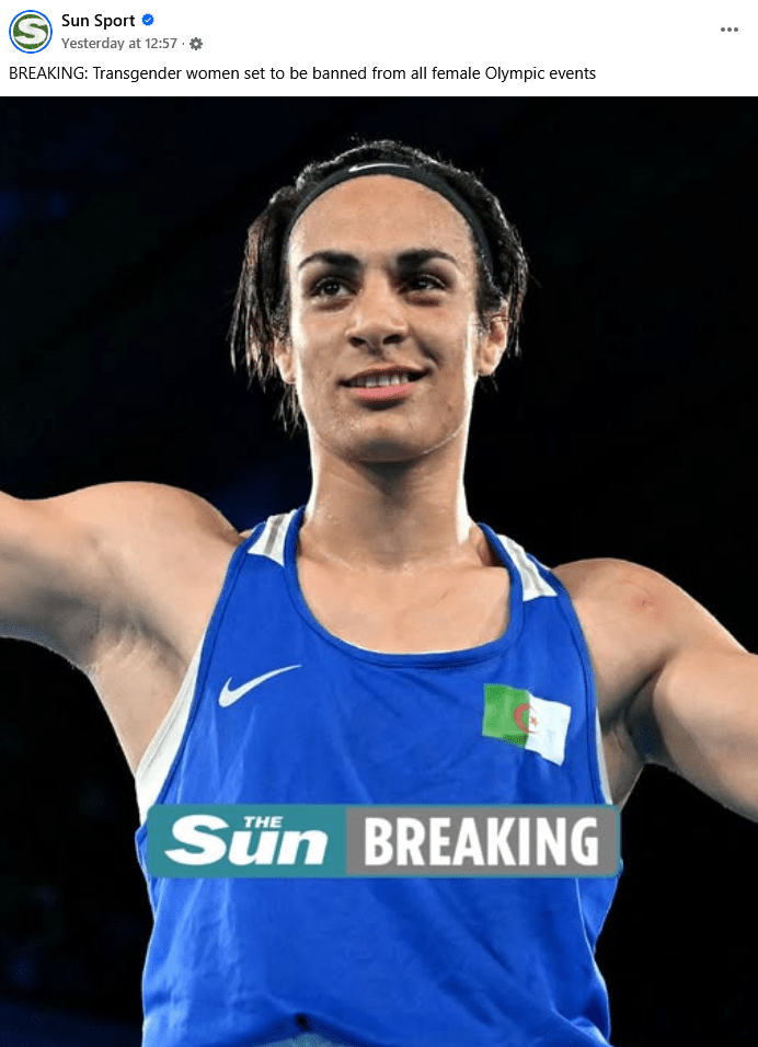 The Sun illustrates Olympics trans ban story with picture of cis ...