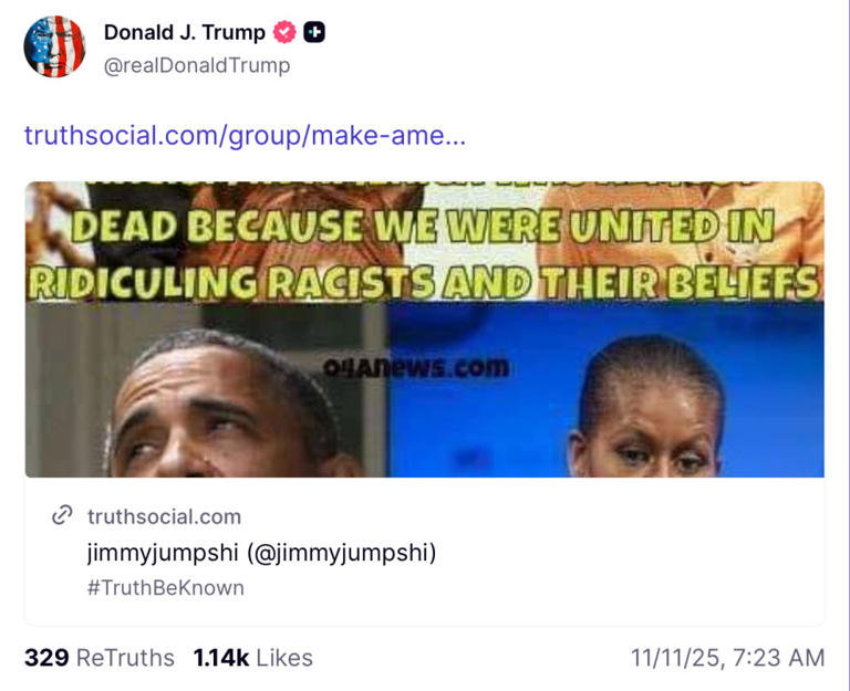 Trump Reposts Meme Blaming the Obamas for Racism in America