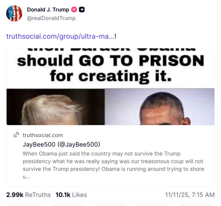 Trump Amplifies Post Calling for Obama’s Imprisonment
