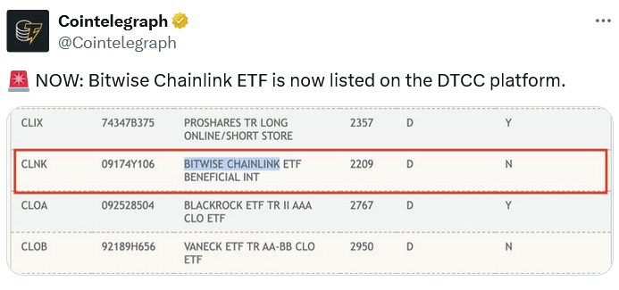 Bitwise Chainlink ETF appears on DTCC site, tipping pending launch