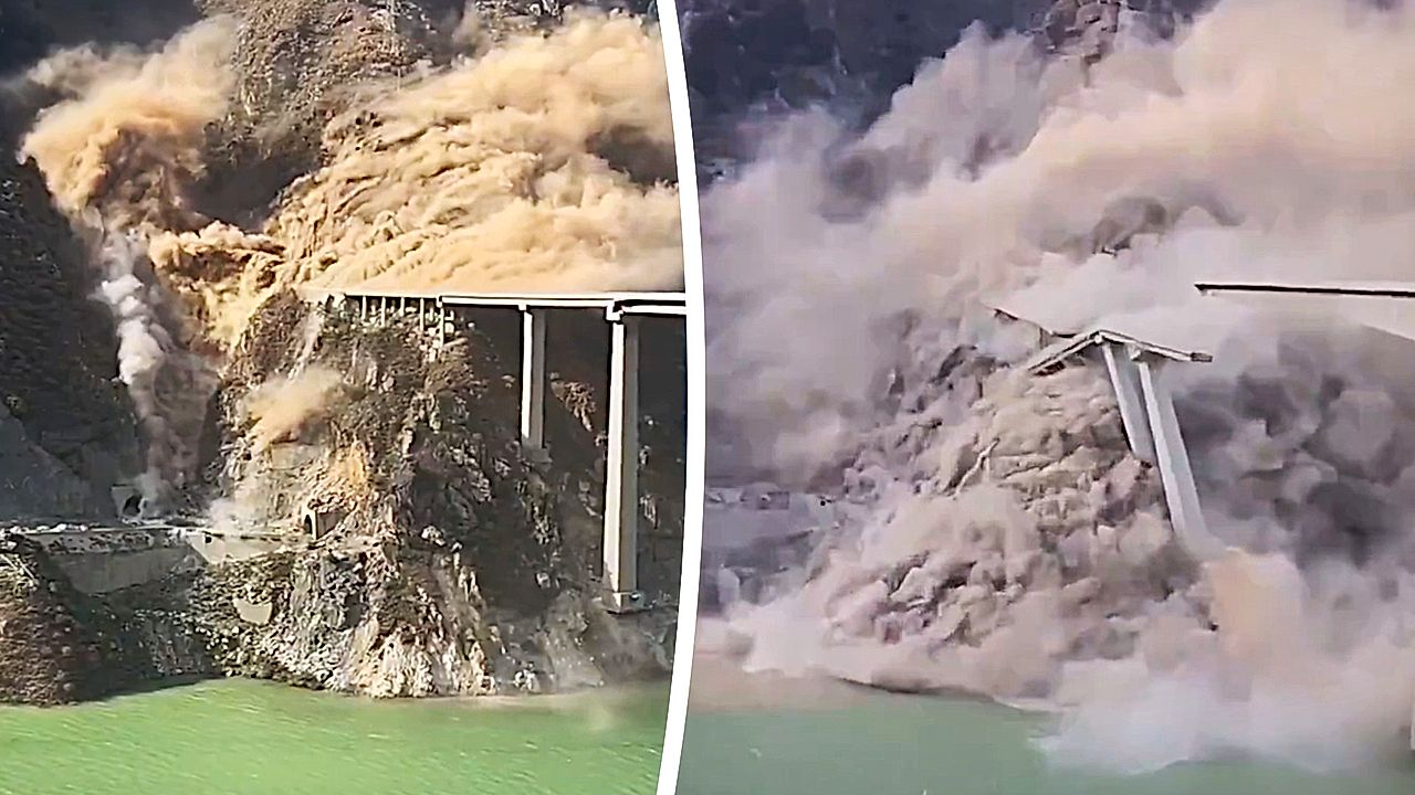 Shocking moment 2,500ft bridge collapses months after opening in China