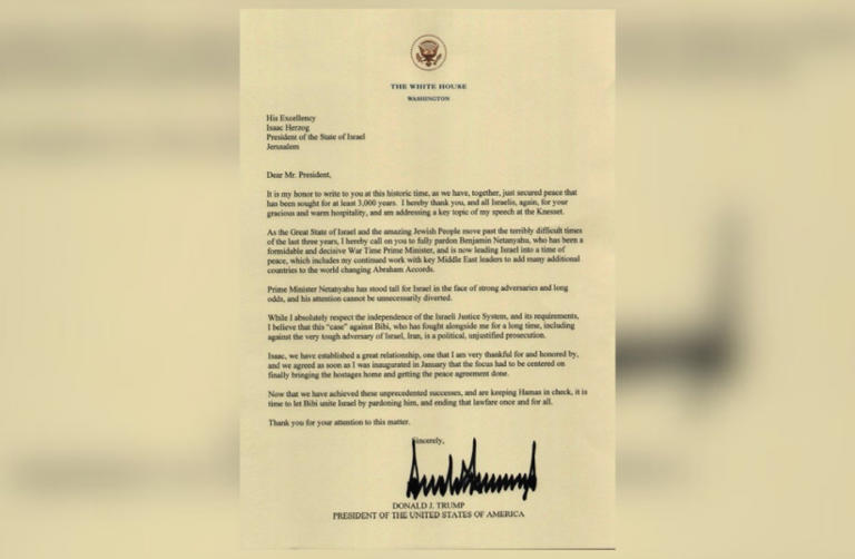 Trump formally requests Netanyahu pardon from President Herzog