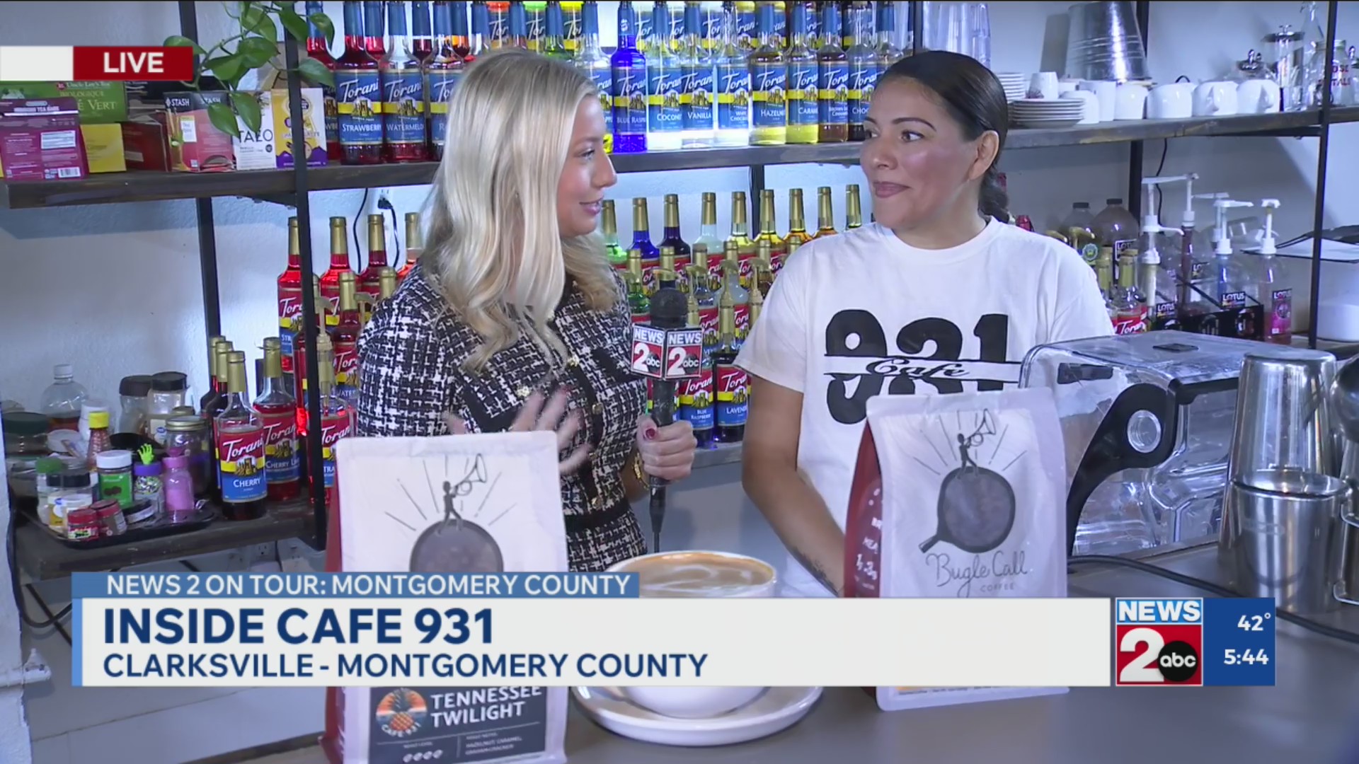 Enjoying a giant coffee at Cafe 931 in Clarksville