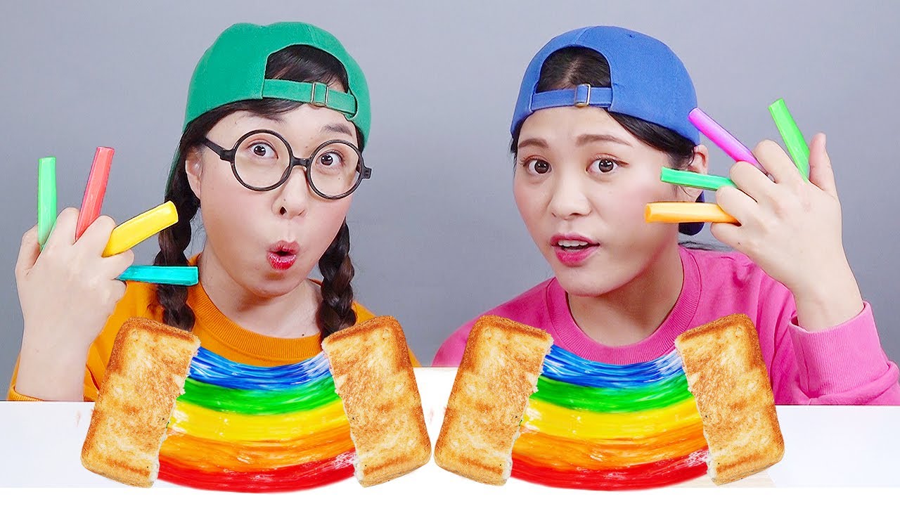 Makanan penutup roti panggang keju makanan pelangi mukbang DONA