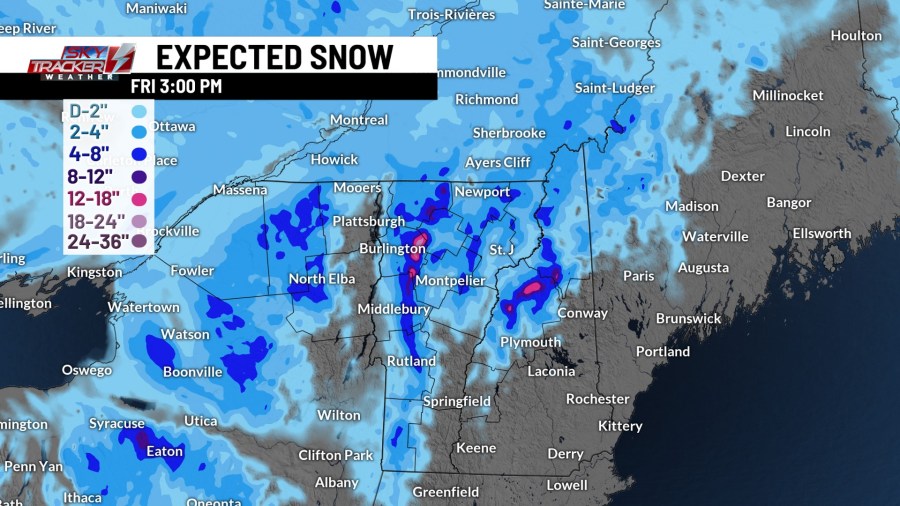 Regional snowfall totals through Friday afternoon