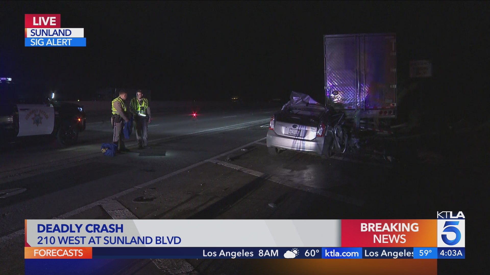 Driver killed in rear-end crash with semi on 210 Freeway in Sunland