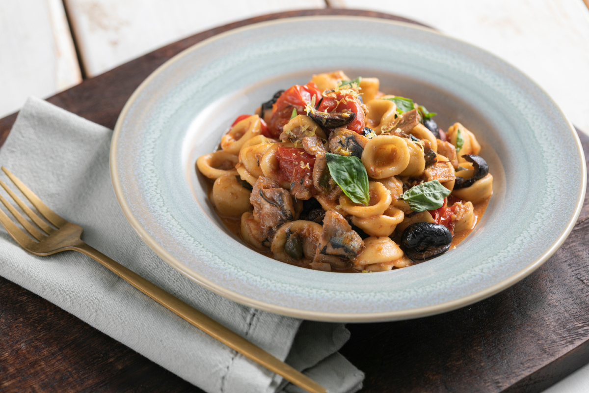 Orecchiette with sardines and cherry tomatoes