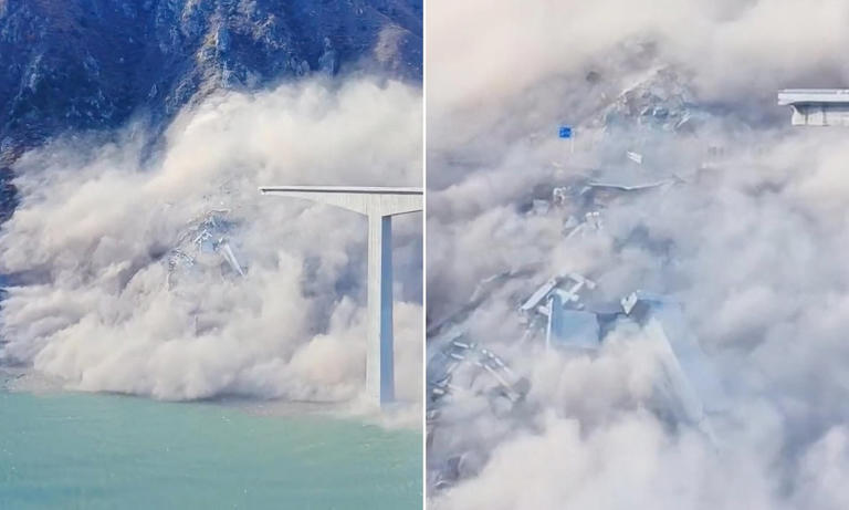 Terrifying moment China's new 2,500ft bridge collapses into river just weeks after opening