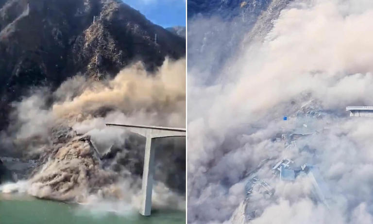 Terrifying moment new Chinese bridge collapses into mountainside