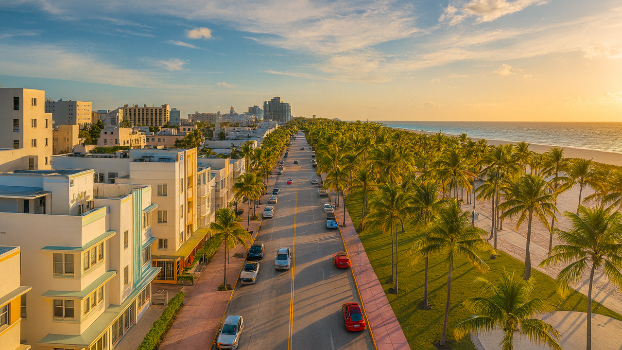 Calles luminosas de Miami Beach – Un recorrido 3D tranquilo