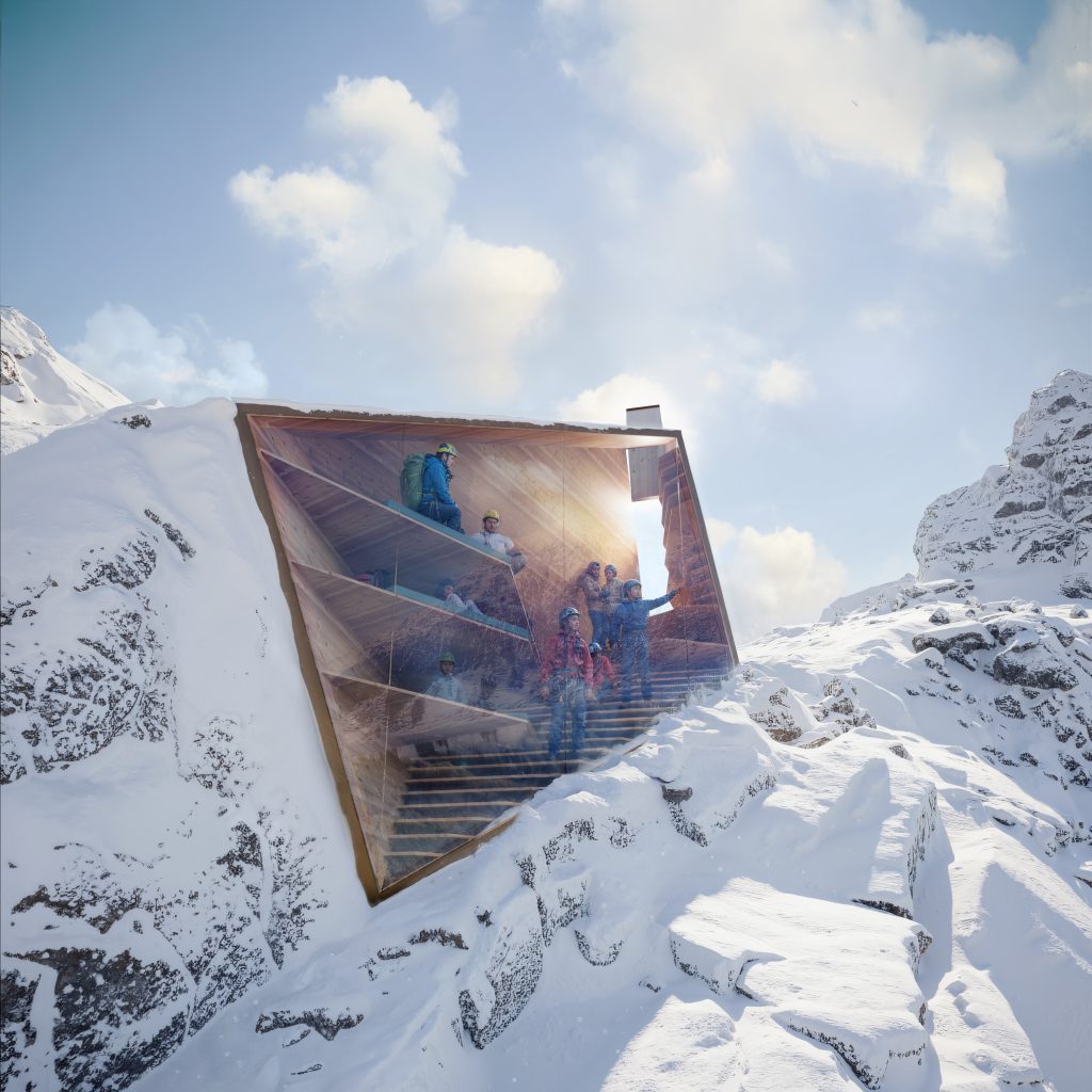 New glass shelter blends right into the rocks of mountain