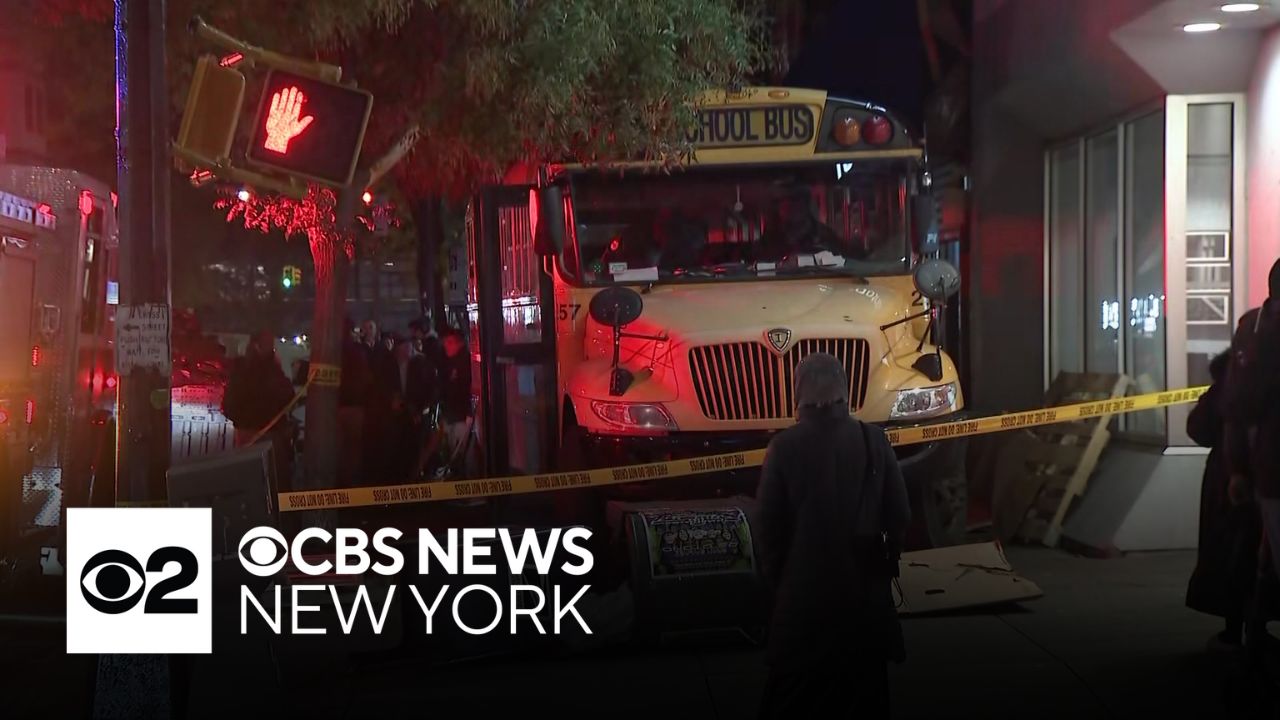 School bus jumps curb, strikes fruit stand in Brooklyn
