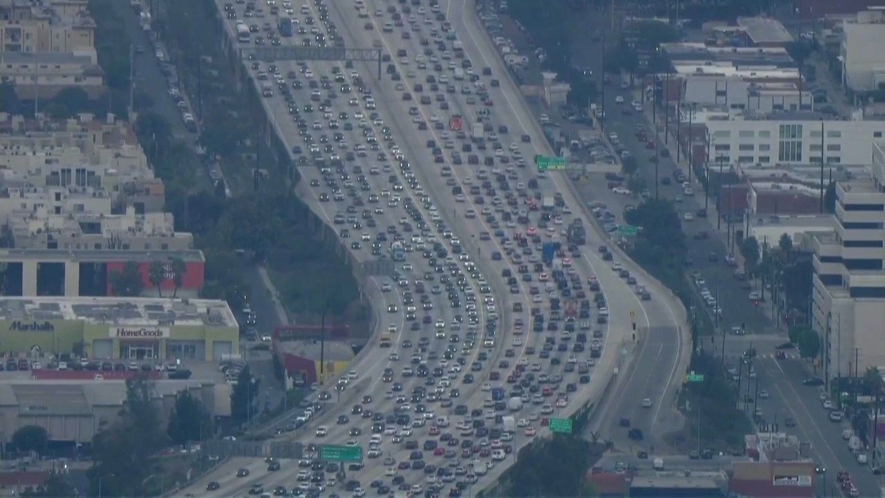 Heavy traffic on 405 Freeway in LA's westside