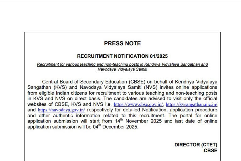 CBSE announces Kendriya Vidyalaya and Navodaya Vidyalaya Recruitment 2025