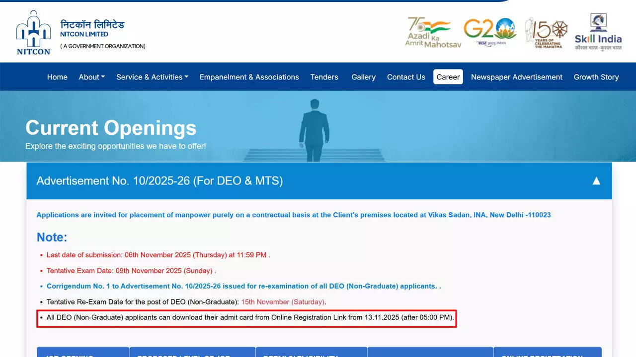 Delhi DDA Nitcon MTS & DEO admit card 2025 today at dda.register.ind.in ...