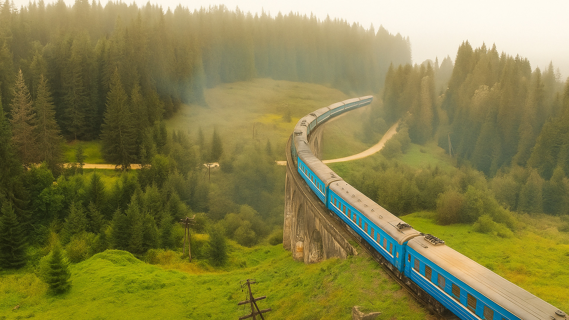 Un tren solitario cruza un puente entre la niebla