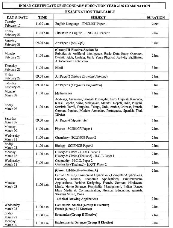 ICSE, ISC Exam Date Sheet 2026 Out: CISCE Class 10, 12 Time Table Released; Exams To Begin In ...