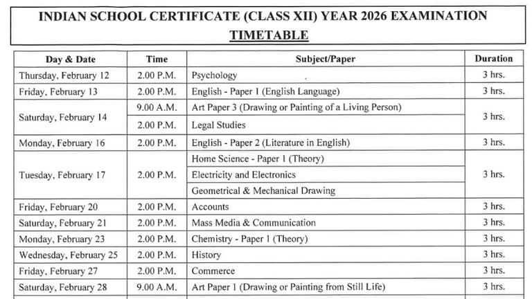 ICSE, ISC Exam Date Sheet 2026 Out: CISCE Class 10, 12 Time Table Released; Exams To Begin In ...