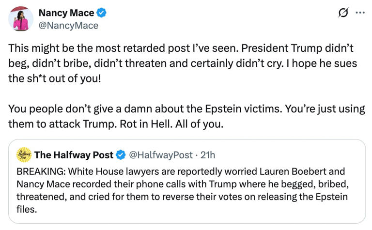 Nancy Mace Rages at Tweet She Didn’t Realize Was Satire
