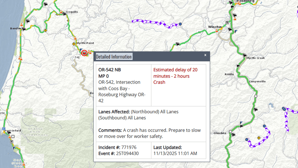 Crash shuts down Powers Hwy at Hwy 42; use alternate routes