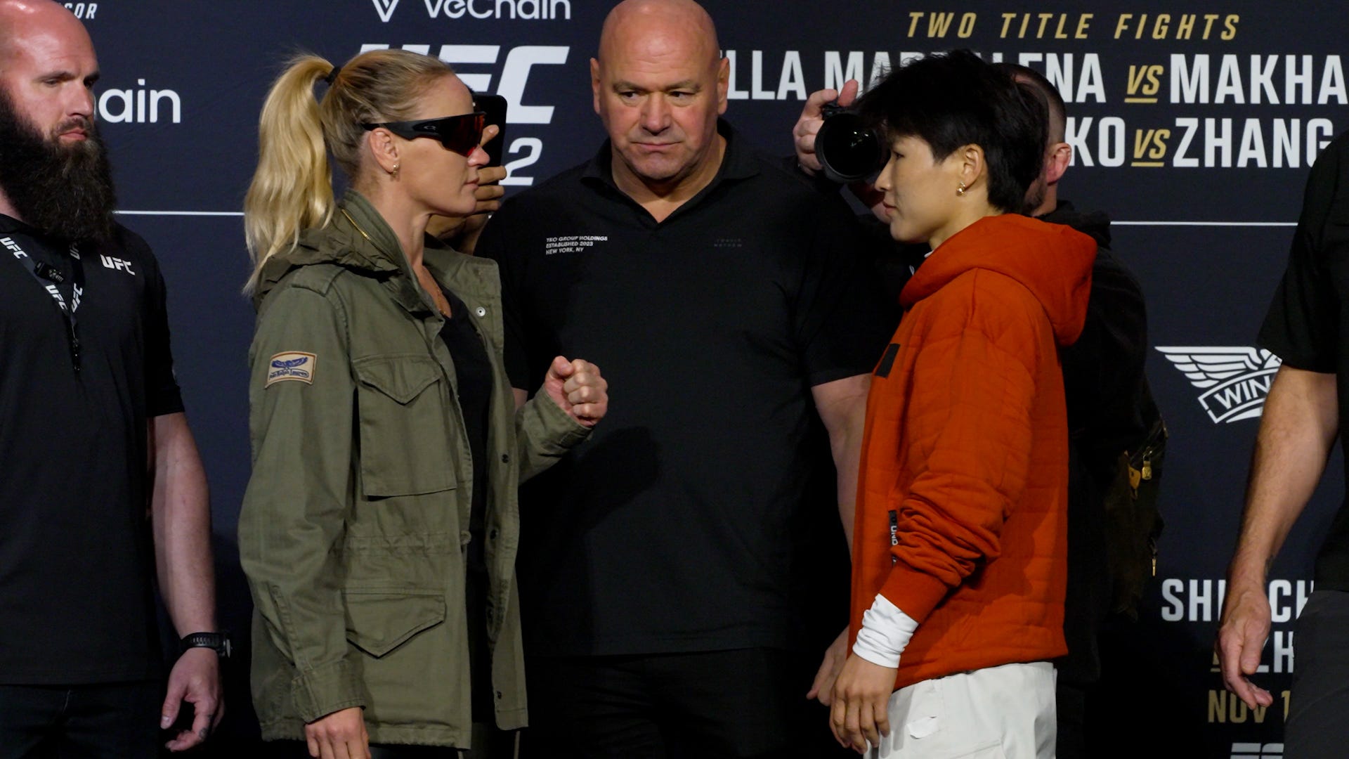 UFC 322 video: Valentina Shevchenko, Zhang Weili face off at press ...