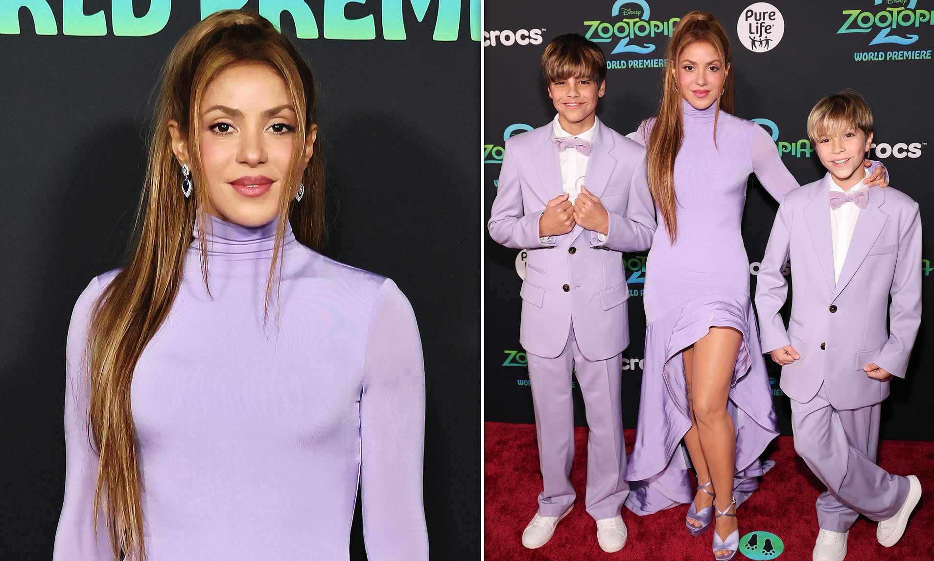 Shakira matches with her sons in purple on red carpet at Zootopia 2 ...