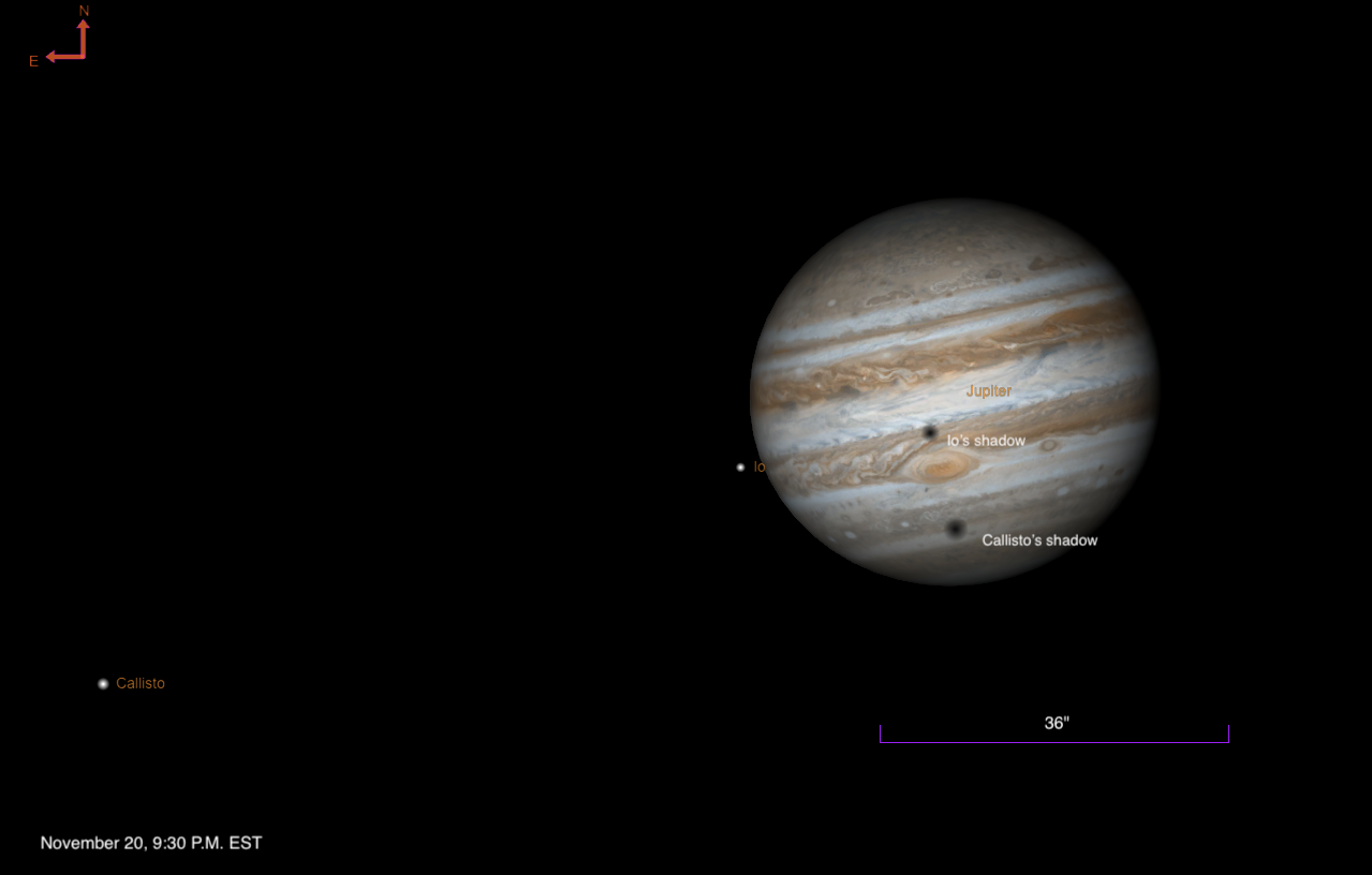 The Sky Today on Thursday, November 20: Io and Callisto cross Jupiter